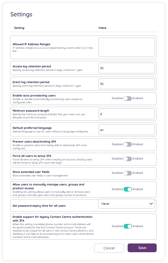 Settings configurations for your organisation | Puzzel Help Centre